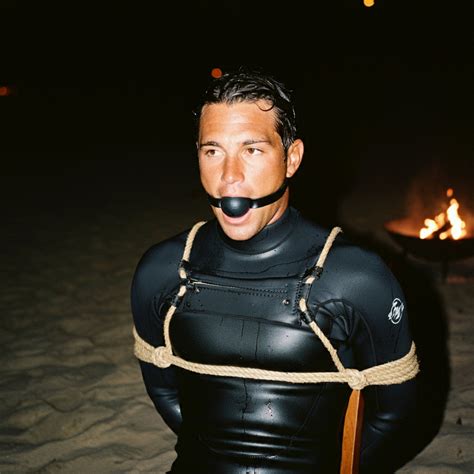 Surfer In A Wetsuit Bound And Gagged With A Ball Gag On The Beach Ai
