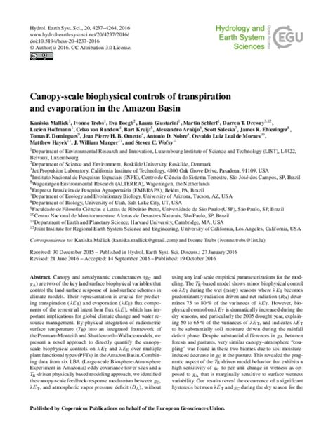 Pdf Canopy Scale Biophysical Controls Of Transpiration And Evaporation In The Amazon Basin