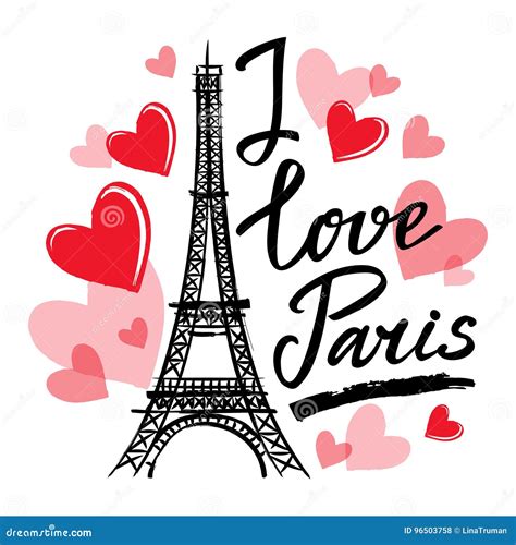 Symbol France Eiffel Tower Hearts And Phrase I Love Paris Stock Vector