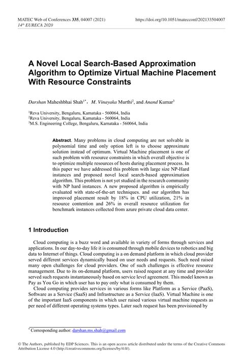 PDF A Novel Local Search Based Approximation Algorithm To Optimize Virtual Machine Placement