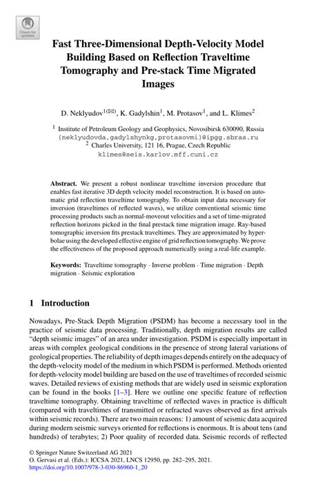 PDF Fast Three Dimensional Depth Velocity Model Building Based On Reflection Traveltime