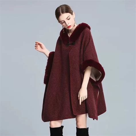 모조 수달 토끼 모피 칼라 후드 숄 케이프 모조 양모 느슨한 판초 케이프 커피 망토 R1 가을 겨울 신상