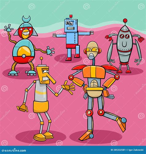 Cartoon Robots And Droids Characters Group Stock Vector Illustration