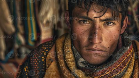 Close Up Portrait Of A Young Mapuche Male Artisan In Traditional Attire