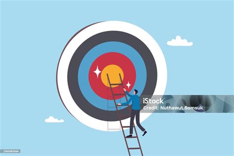 목표 또는 목표 성공에 대한 열망 성장 또는 목표 목표 또는 목적 승리 개념에 대한 동기 부여 비즈니스 목표에 사다리를 오르는 사업가에 대한 동기 부여를 목표로하는 목표