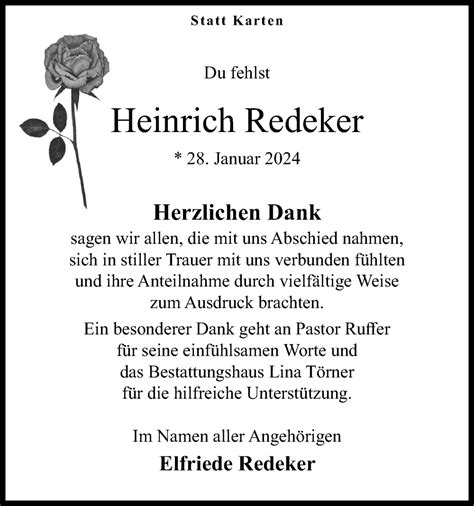 Traueranzeigen Von Heinrich Redeker Trauermtde