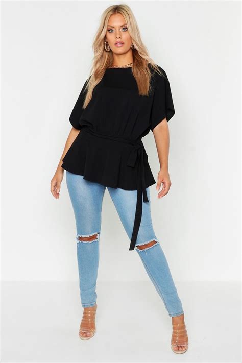 Plus Boat Neck Tie Waist Peplum Hem Top Peplum Hem Plus Size Outfits