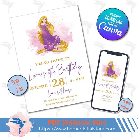 Rapunzel Birthday Invitation Canva Template