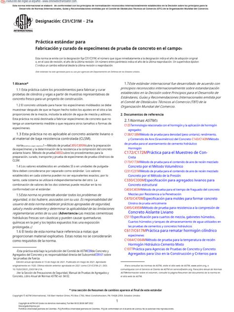 Astm C31 Español Elaboracion Y Curado De Especímenes En Lab Pdf Hormigón Ingeniería De