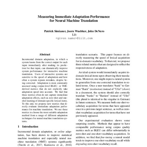 Measuring Immediate Adaptation Performance For Neural Machine Translation Acl Anthology
