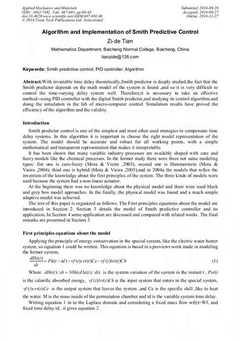 Algorithm And Implementation Of Smith Predictive Control Scientificnet