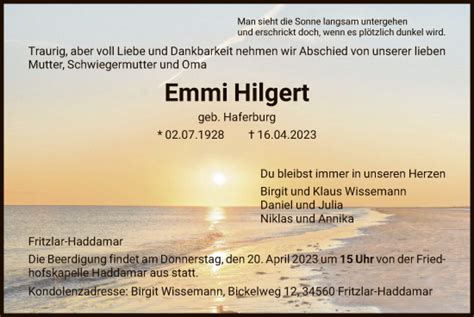 Traueranzeigen Von Emmi Hilgert Trauer Hna De