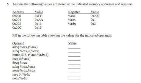 Solved 5 Assume The Following Values Are Stored At The