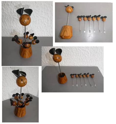 PORTE PIQUES APERITIF Escargot Bulots En Bois Souris Vintage EUR 14 00