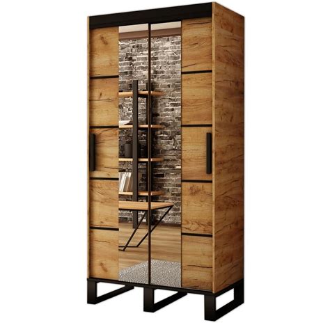 Ormar Loft 2 Vrata 100 5x62x212 Cm Zlatni Hrast Ogledalo Emmezeta