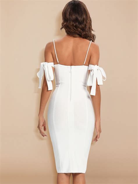 White Jewel Bandage Pearl Straps Dress Sunsetfashionla
