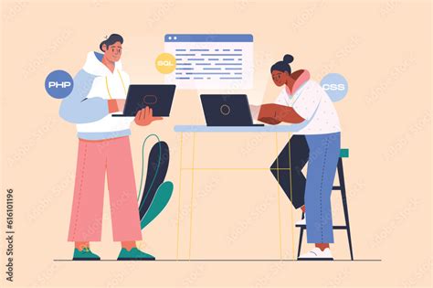 Vetor De Coding Concept With People Scene In The Flat Cartoon Design