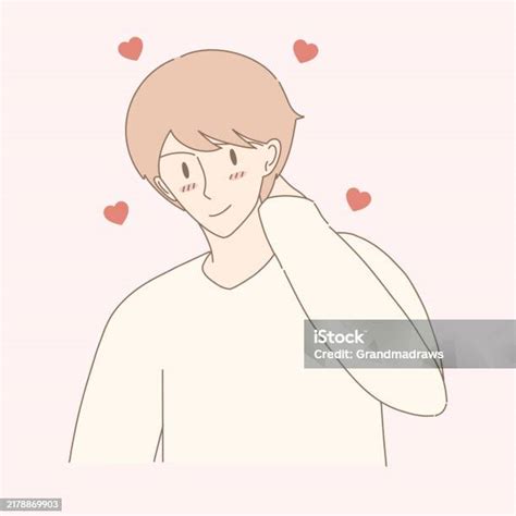 사랑에 빠지는 수줍은 남자 뺨이 빨갛게 변합니다 뒤에 하트 모양 손으로 그린 평면 만화 캐릭터 벡터 일러스트 레이 션 감정에