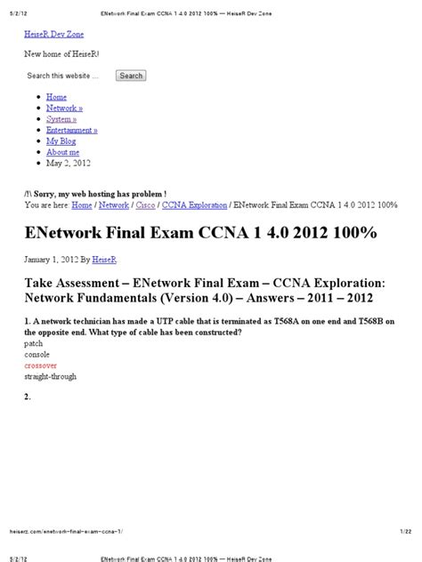 Enetwork Final Exam Ccna 1 4 Download Free Pdf Transmission Control