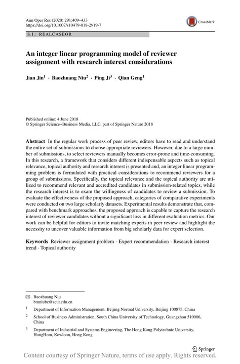 An Integer Linear Programming Model Of Reviewer Assignment With