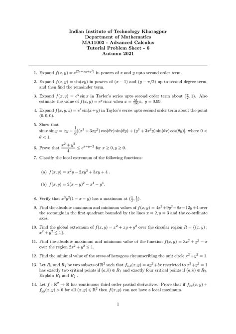 Tutorial Problem Sheet Indian Institute Of Technology Kharagpur Department Of Mathematics