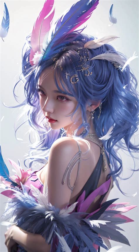 파란 머리와 깃털을 가진 여자의 클로즈업 Seaart Ai