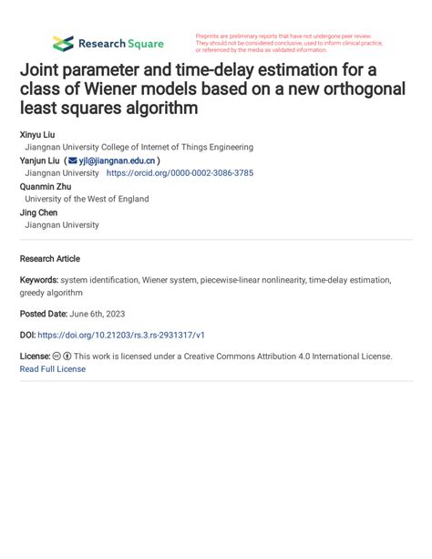 Pdf Joint Parameter And Time Delay Estimation For A Class Of Wiener