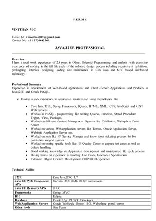 Java Developer Resume With 2 9 Years Of Experience PDF