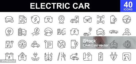 전기 자동차 아이콘 세트 전기 자동차와 관련된 선형 아이콘 모음입니다 배터리 생태학 전기 자동차 충전소 차량 등 벡터 일러스트 레이 션 0명에 대한 스톡 벡터 아트 및 기타