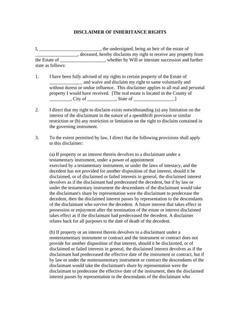 Disclaimer Of Right To Inherit Or Inheritance All Property From Estate Or Trust Form Fill Out