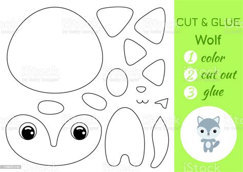 색칠 공부 는 아기 늑대를 잘라 접착제 유치원 어린이를위한 교육 종이 게임 워크시트를 잘라내고 붙여넣습니다 종이에 색상 절단