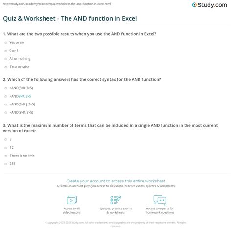 Quiz Worksheet The AND Function In Excel Study Com