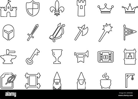 Medieval Castle Icons Black And White Thin Line Set Big Stock Vector