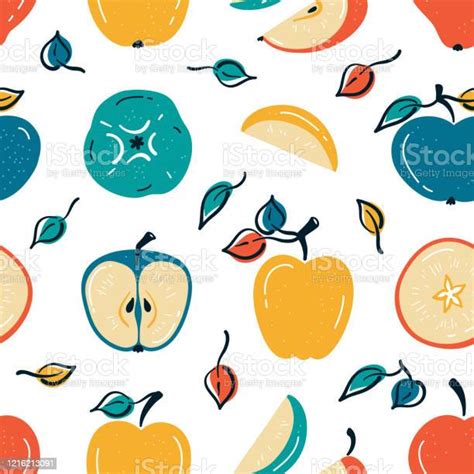 다채로운 애플 과일 배경 손으로 그린 잎과 사과 조각 낙서 사과와 원활한 패턴 과일 배경 화면 건강한 여름 음식 배경 공휴일에 대한 스톡 벡터 아트 및 기타 이미지 Istock