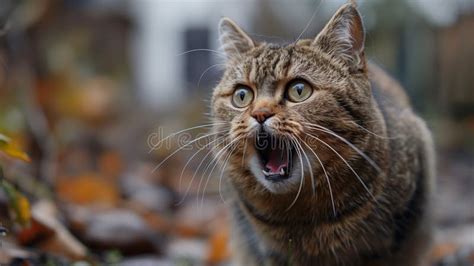 Close Up Of A Tabby Cat Yelling In The Woods Stock Photo Image Of