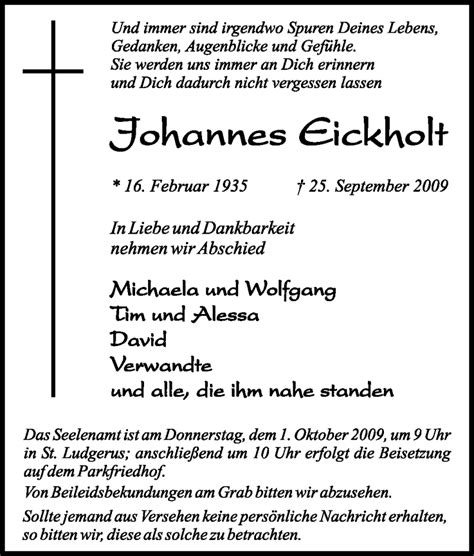 Traueranzeigen Von Johannes Eickholt Trauer In Nrw De