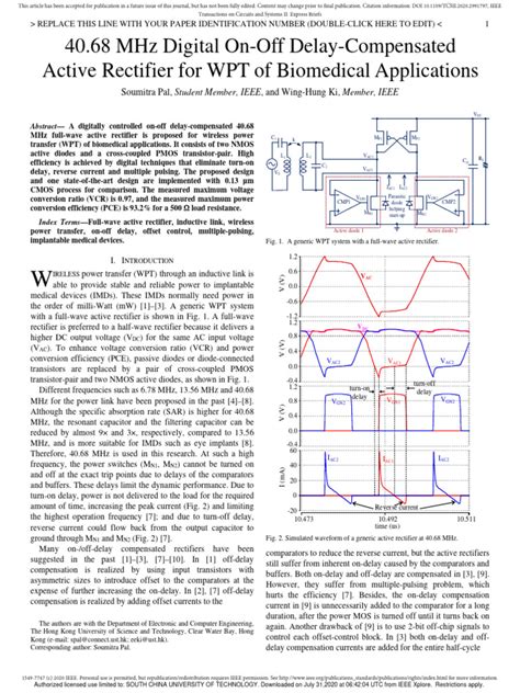 4068 Mhz Digital On Off Delay Compensated Active Rectifier For Wpt Of