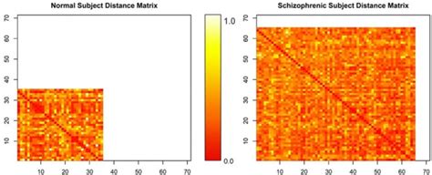 normalized distance matrices of two subjects where rows and columns