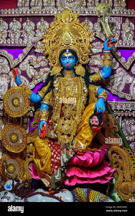 Idol Of Goddess Maa Kali At A Decorated Puja Pandal In Kolkata West