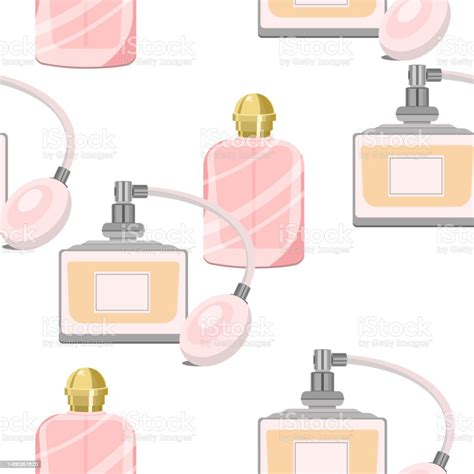 흰색 배경에 향수병의 매끄러운 패턴 화장품 디자인을 위한 벡터 패턴입니다 직물 견본에 대한 스톡 벡터 아트 및 기타 이미지 직물 견본 향기로운 향수 미용 위생 제품