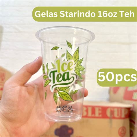 Jual Gelas Plastik Starindo 16oz Datar Isi 50pcs 5gram Ice Tea Motif