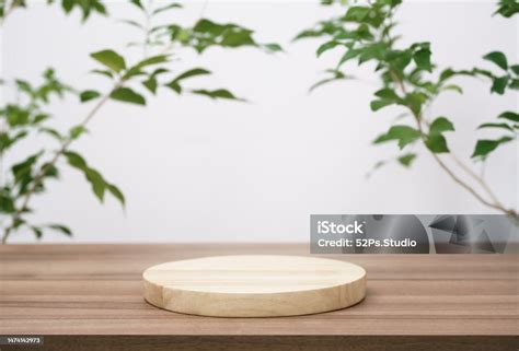 흰색 배경에 나뭇가지 녹색 잎이 있는 나무 연단 탁상 바닥 아름다움 화장품 및 건강한 천연 제품 배치 받침대 플랫폼 쇼케이스 스탠드 디스플레이 봄 또는 여름 개념 강단에