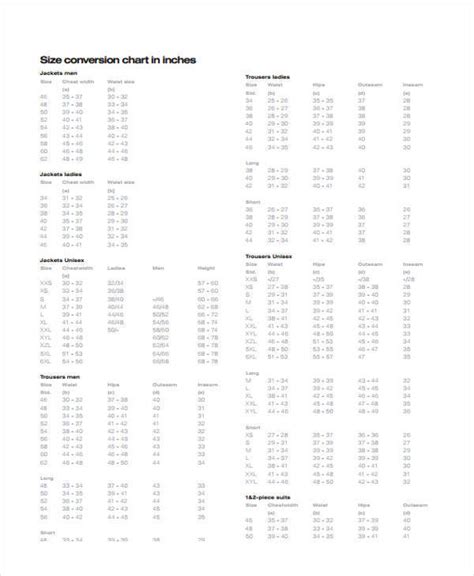 Free 15 Size Chart Templates In Ms Word Pdf Excel