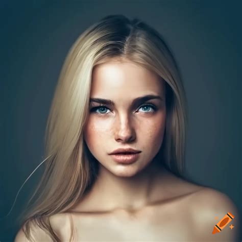 Beautiful Young Woman Shoulder Length Blonde Hair Very Light Freckles