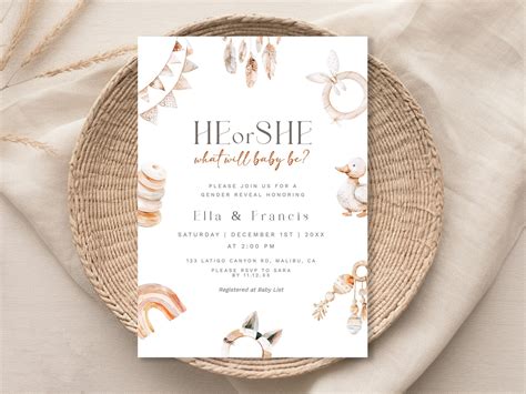 Editable Boho Gender Reveal Invitation Printable Minimalistic Modern He Or She Invite Bohemian
