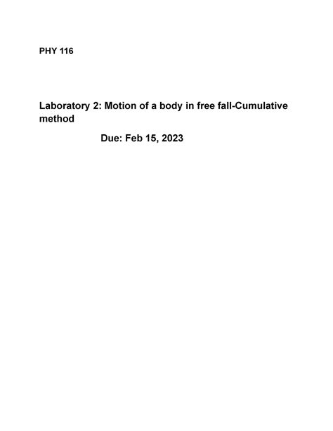 PHY 116 Lab 2 4 N A PHY 116 Laboratory 2 Motion Of A Body In Free
