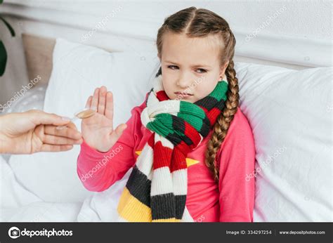 Sad Ill Daughter Scarf Does Want Take Medicines Stock Photo
