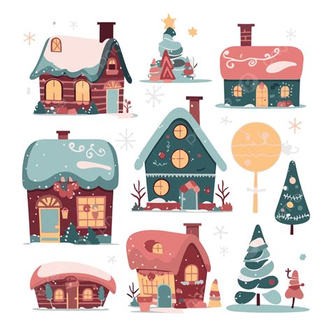 크리스마스 장면 벡터 귀여운 스타일 만화에 크리스마스 테마 집의 귀여운 세트 스티커 클립 아트 상표 클립 아트 Png