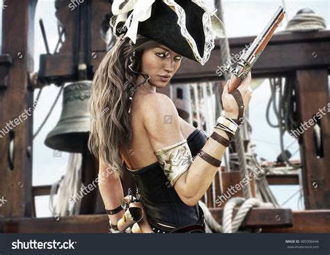 Profile Sexy Pirate Female Captain Standing Stock Illustration