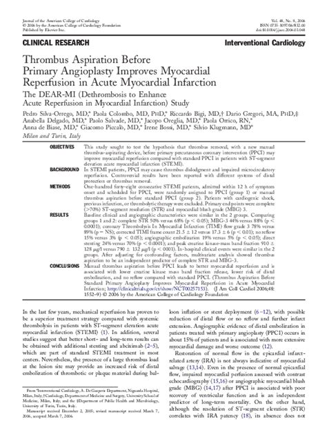 Pdf Thrombus Aspiration Before Primary Angioplasty Improves Myocardial Reperfusion In Acute